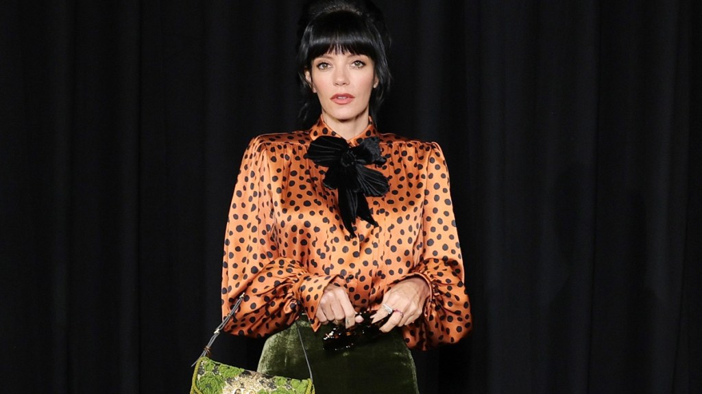 Lily Allen Pairs Valentino Polka-Dot Top With Velvet Midi Skirt ...